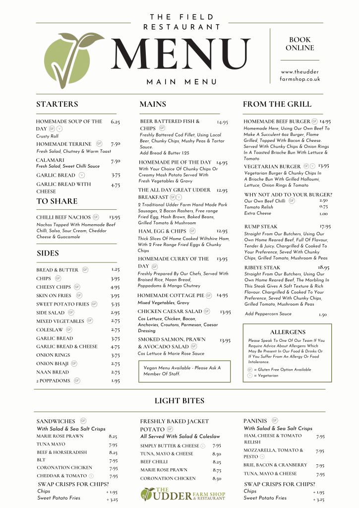 Restaurant Menus – The Udder Farm Shop