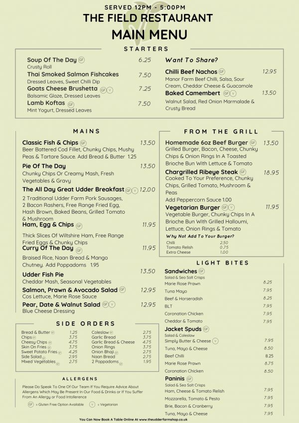 Restaurant Menus - The Udder Farm Shop