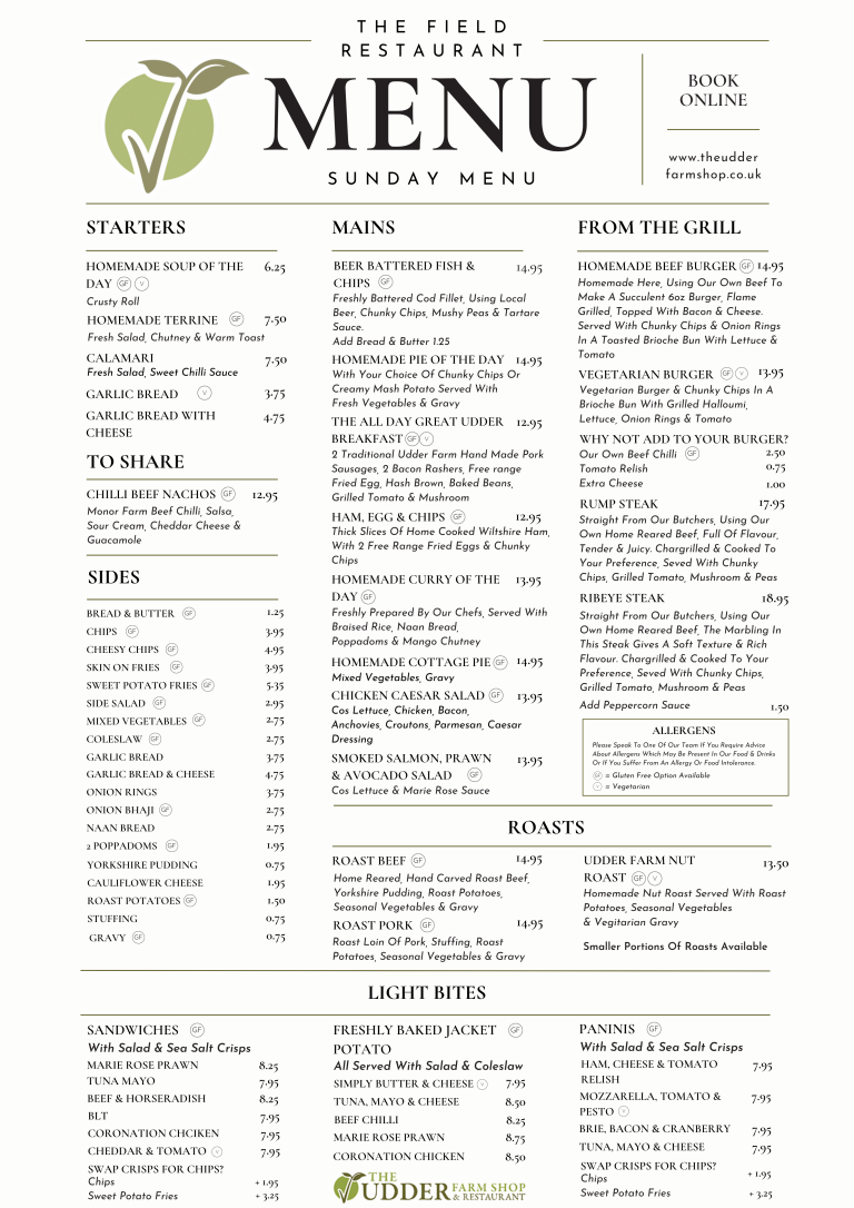 Restaurant Menus – The Udder Farm Shop