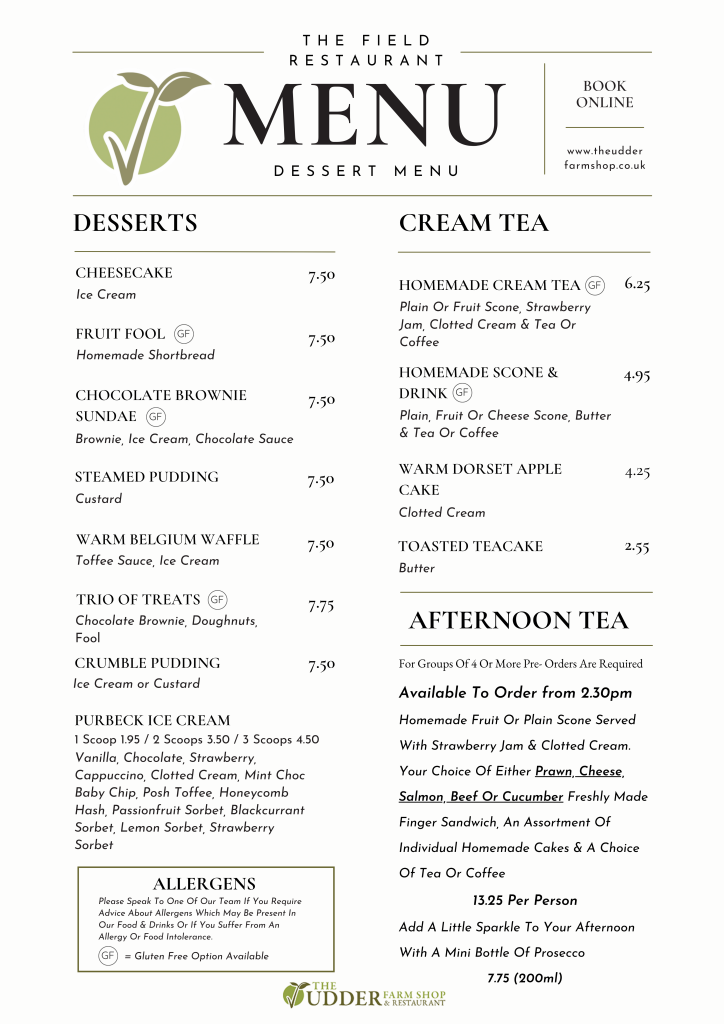 Restaurant Menus – The Udder Farm Shop