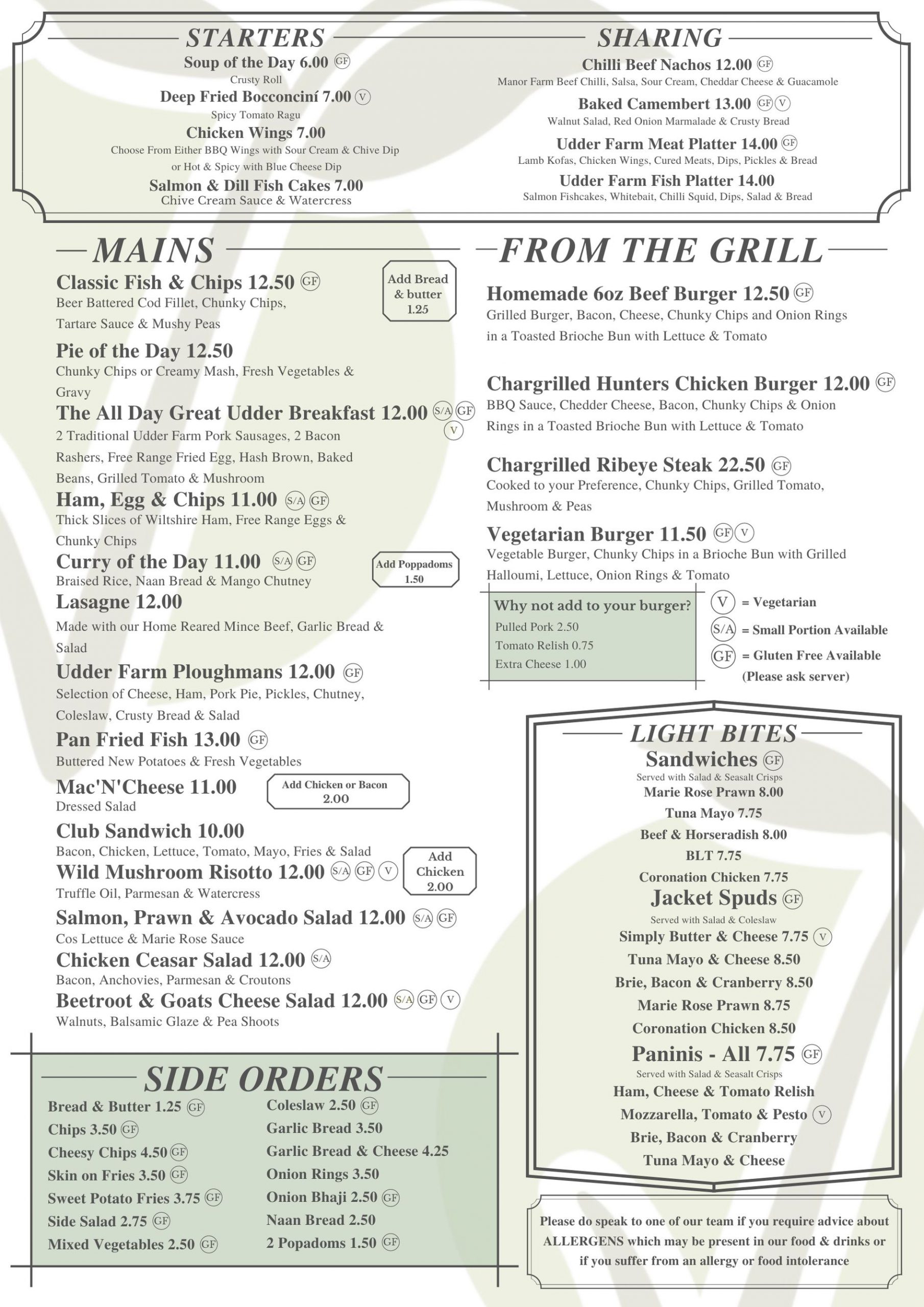 Restaurant Menus - The Udder Farm Shop